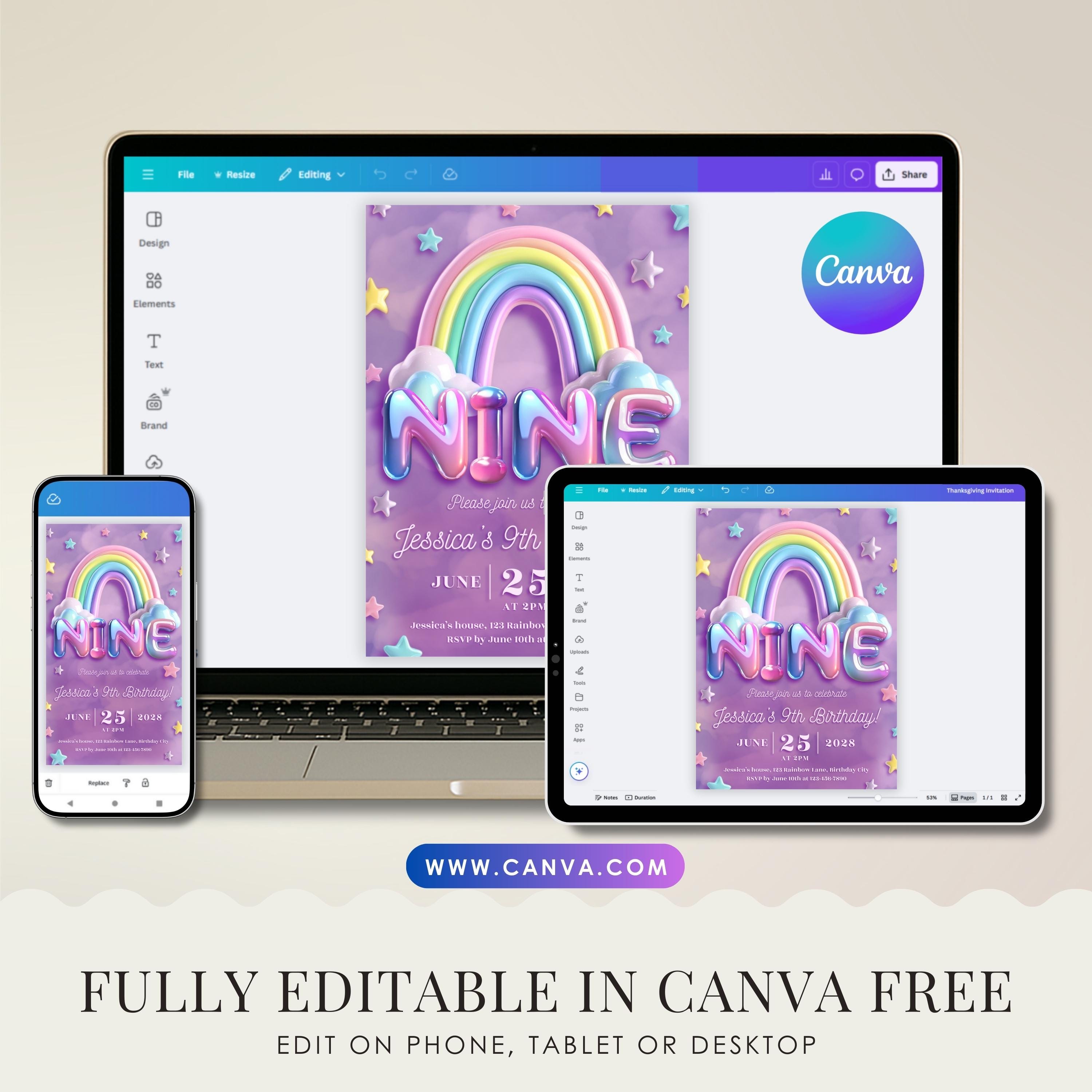 Rainbow 9th Birthday Party Invitation Girl Nine Pastel Canva Template ...
