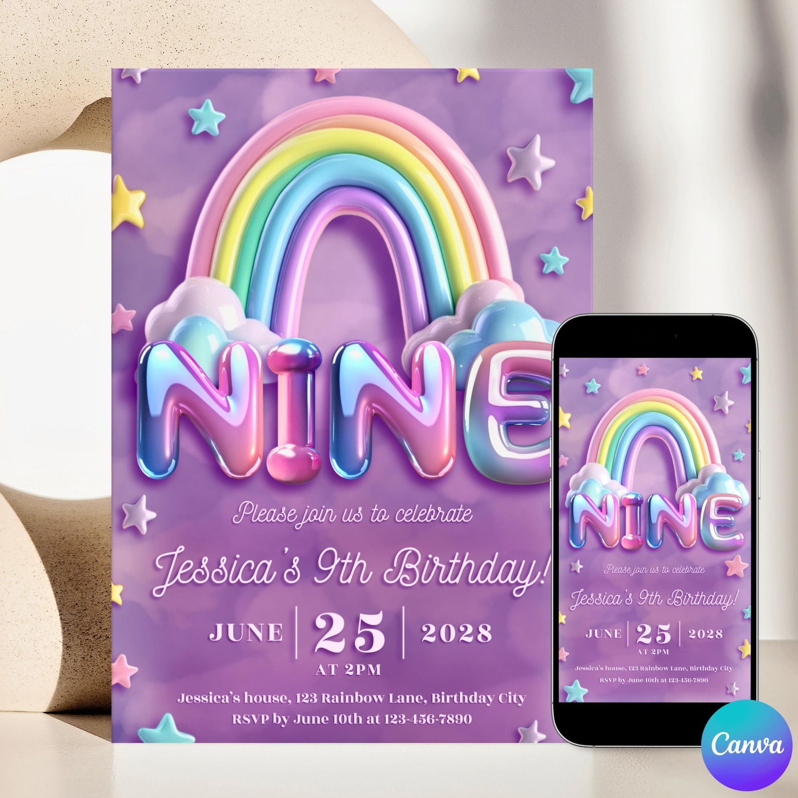 Rainbow 9th Birthday Party Invitation Girl Nine Pastel Canva Template ...