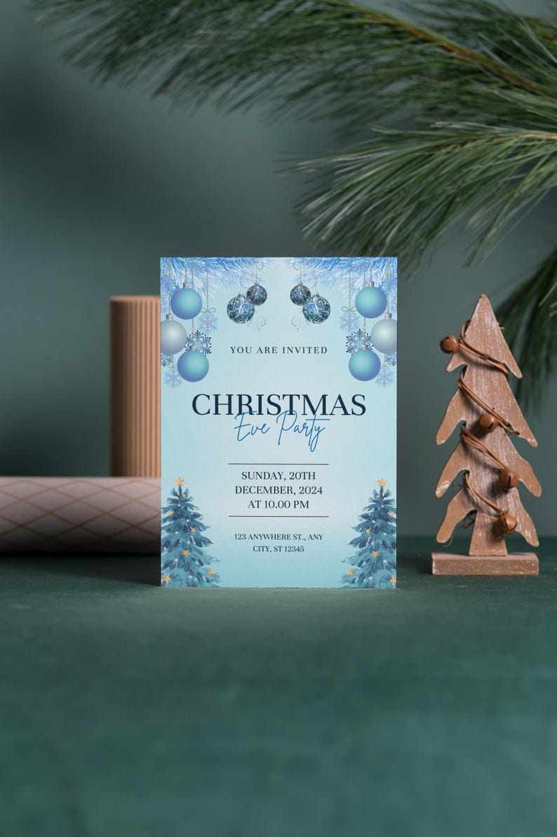 Blue Christmas Eve Party Invitation Template | Modern Holiday ...