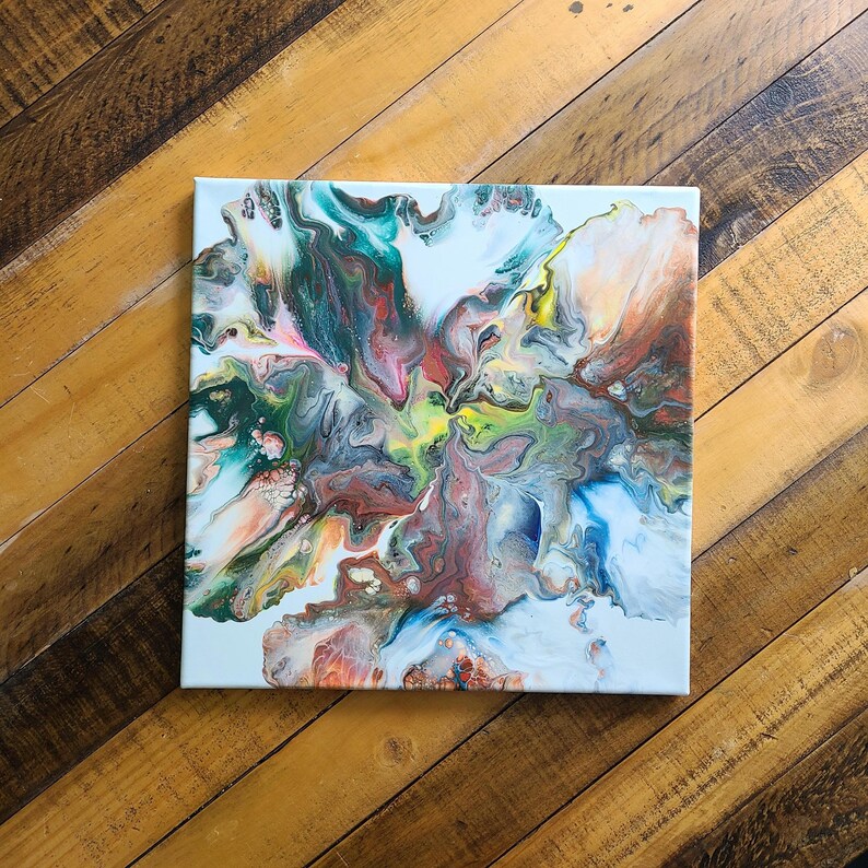 Bold Bloom- 14x14 Original Dutch Pour Bloom on Gallery Wrapped Canvas, Abstract Fluid Art, Ready ...