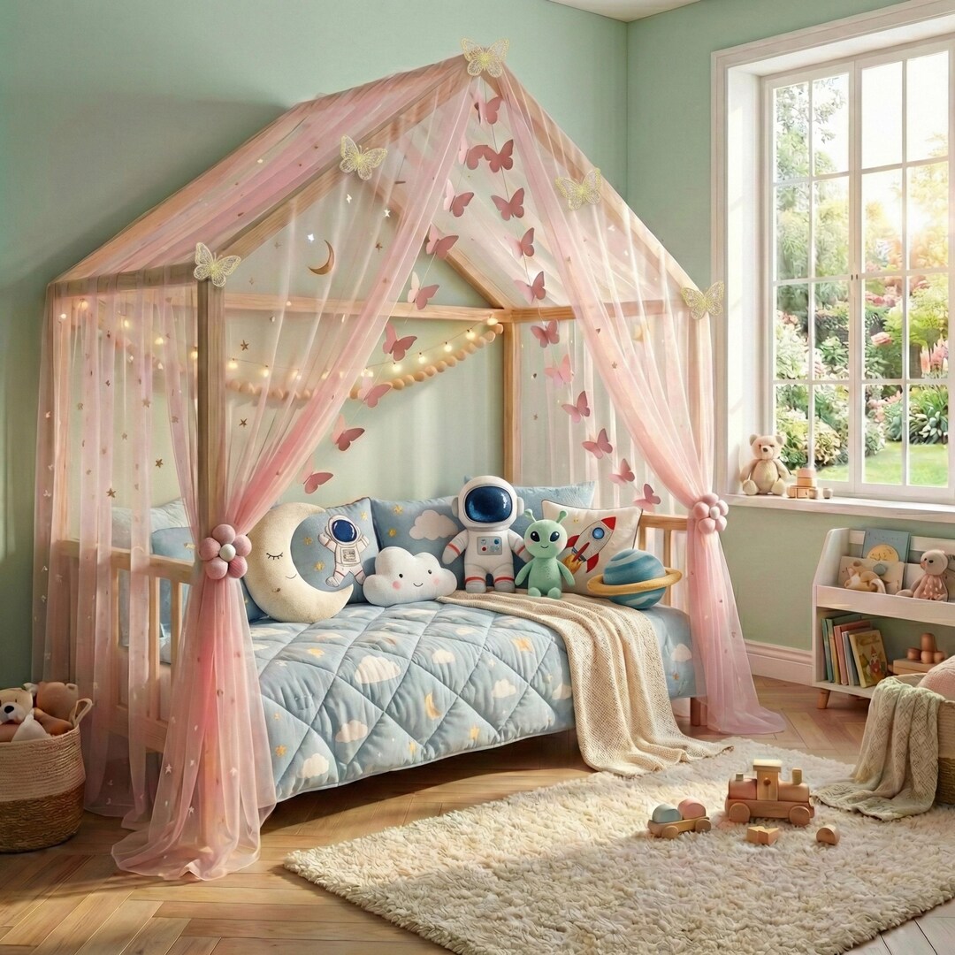 Pink Montessori House Bed Canopy, Moon Stars Tulle Canopy, Kids Bedroom ...