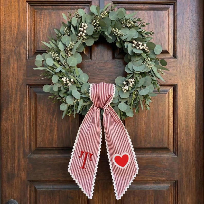 Monogram Valentine’s Wreath Sash, Custom Embroidered Applique Initial ...