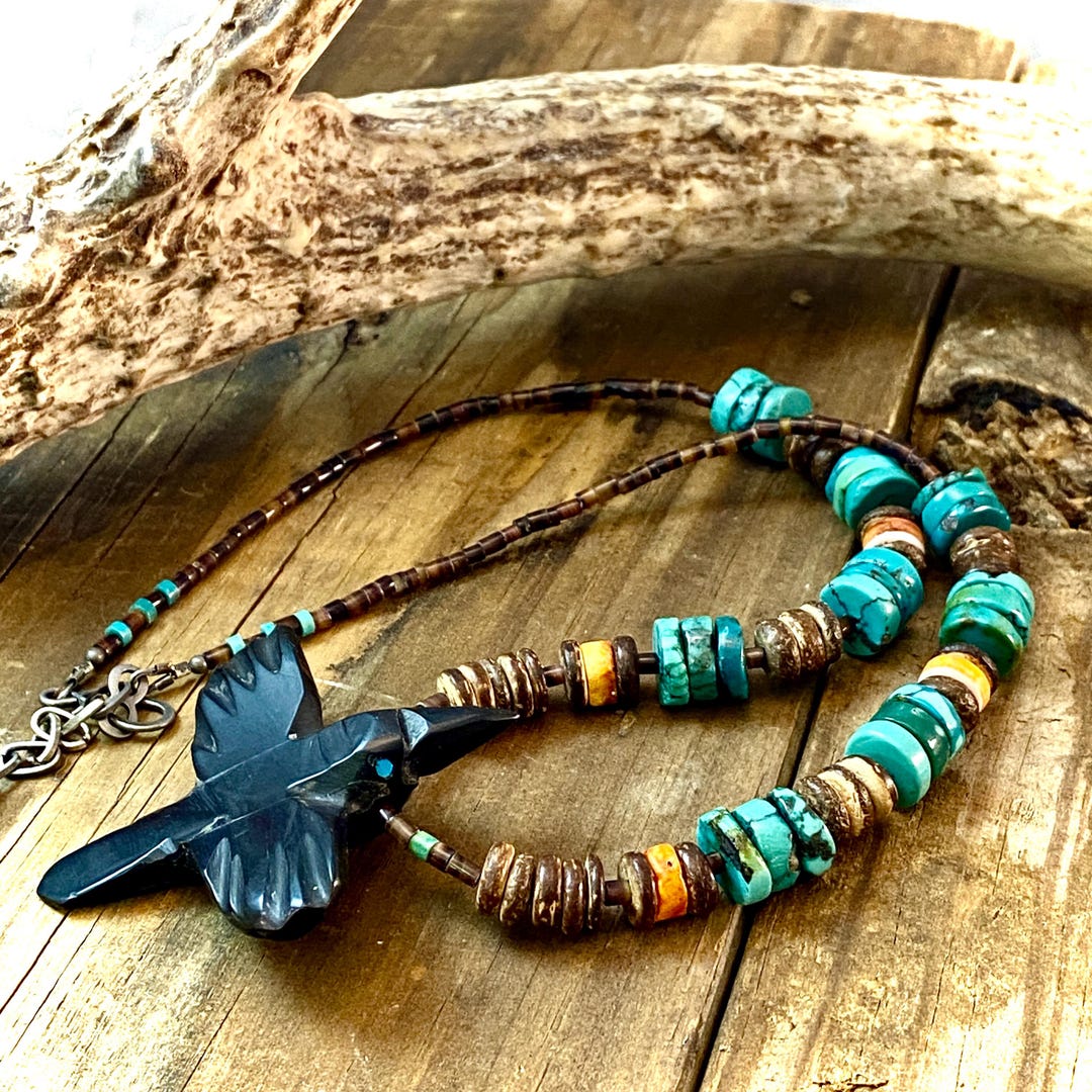 Hand Carved Raven Pendant Necklace: Turquoise & Spiney Oyster Shell ...