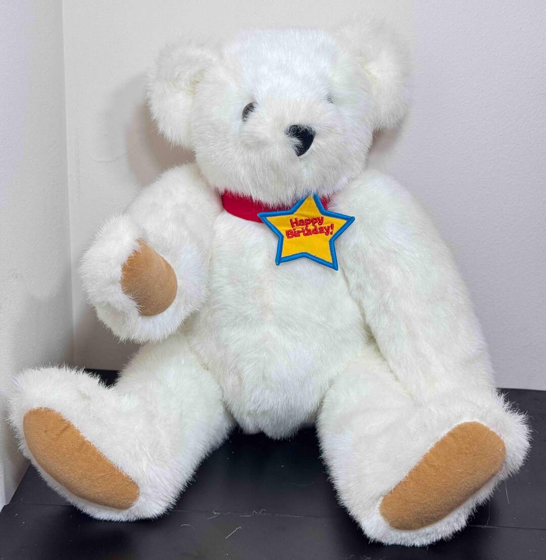 Vintage 1990s Vermont Teddy Bear – White Plush Birthday Bear With Red ...