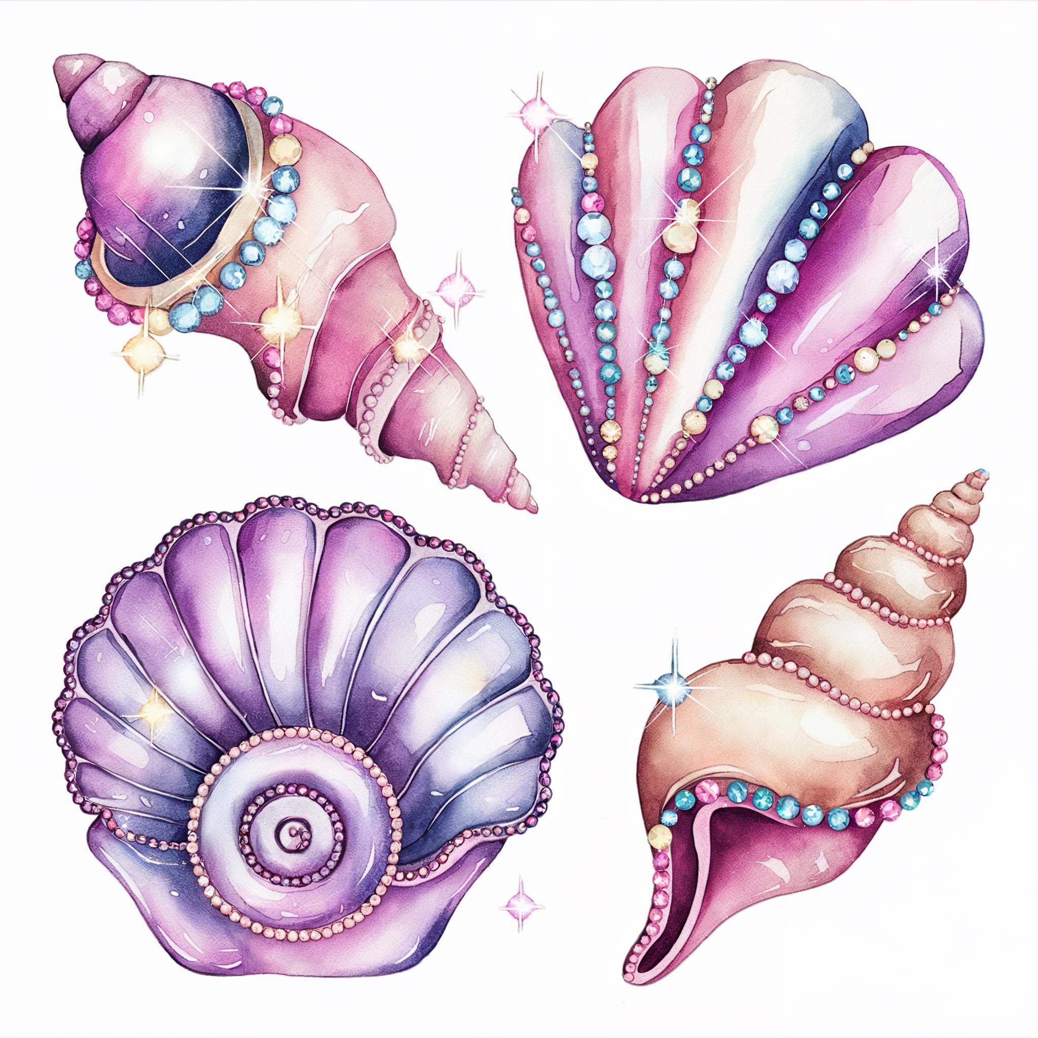 Seashell Clipart, Watercolor Seashells, Glitter Shells Clipart, Beveen ...