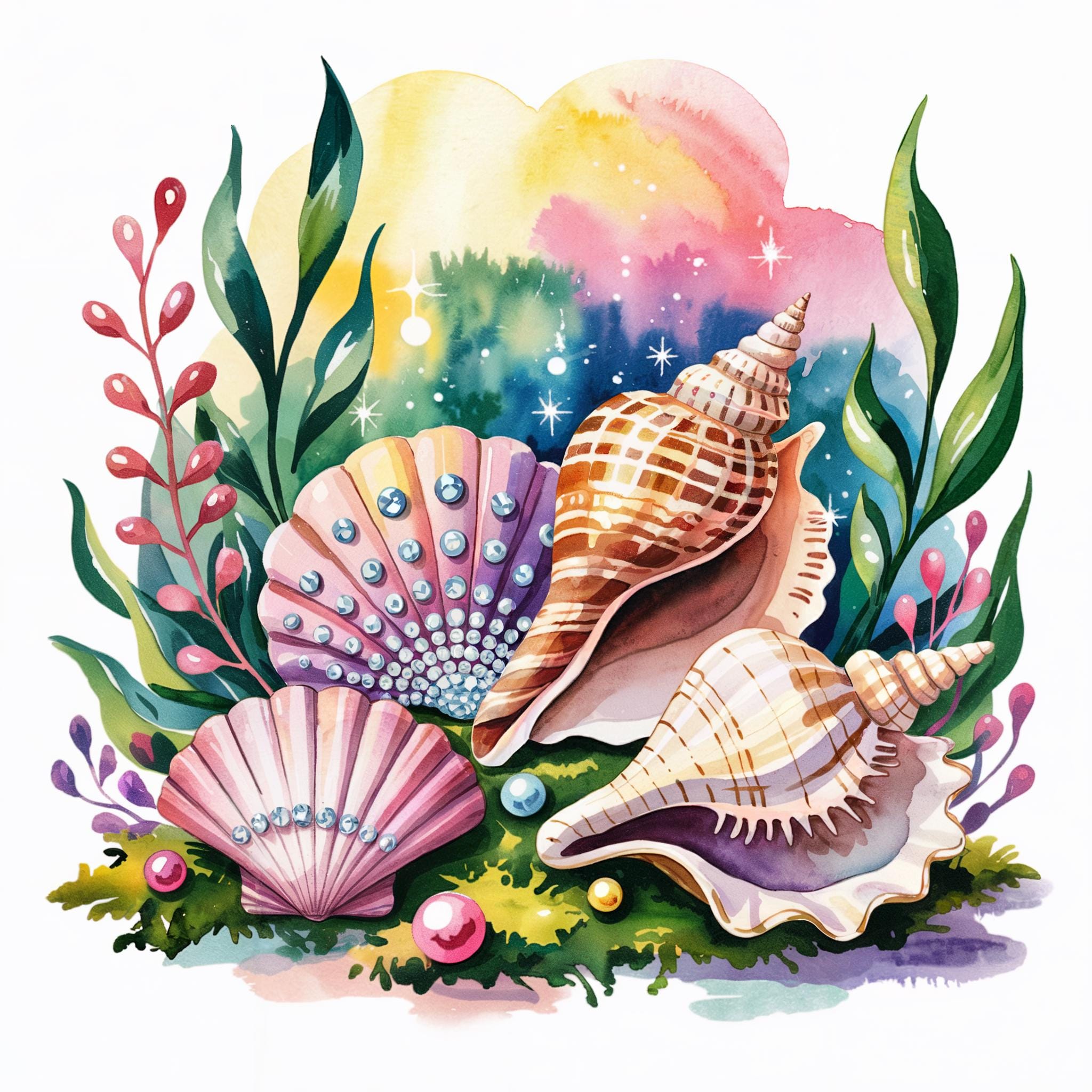Seashell Clipart, Watercolor Seashells, Glitter Shells Clipart, Beveen ...