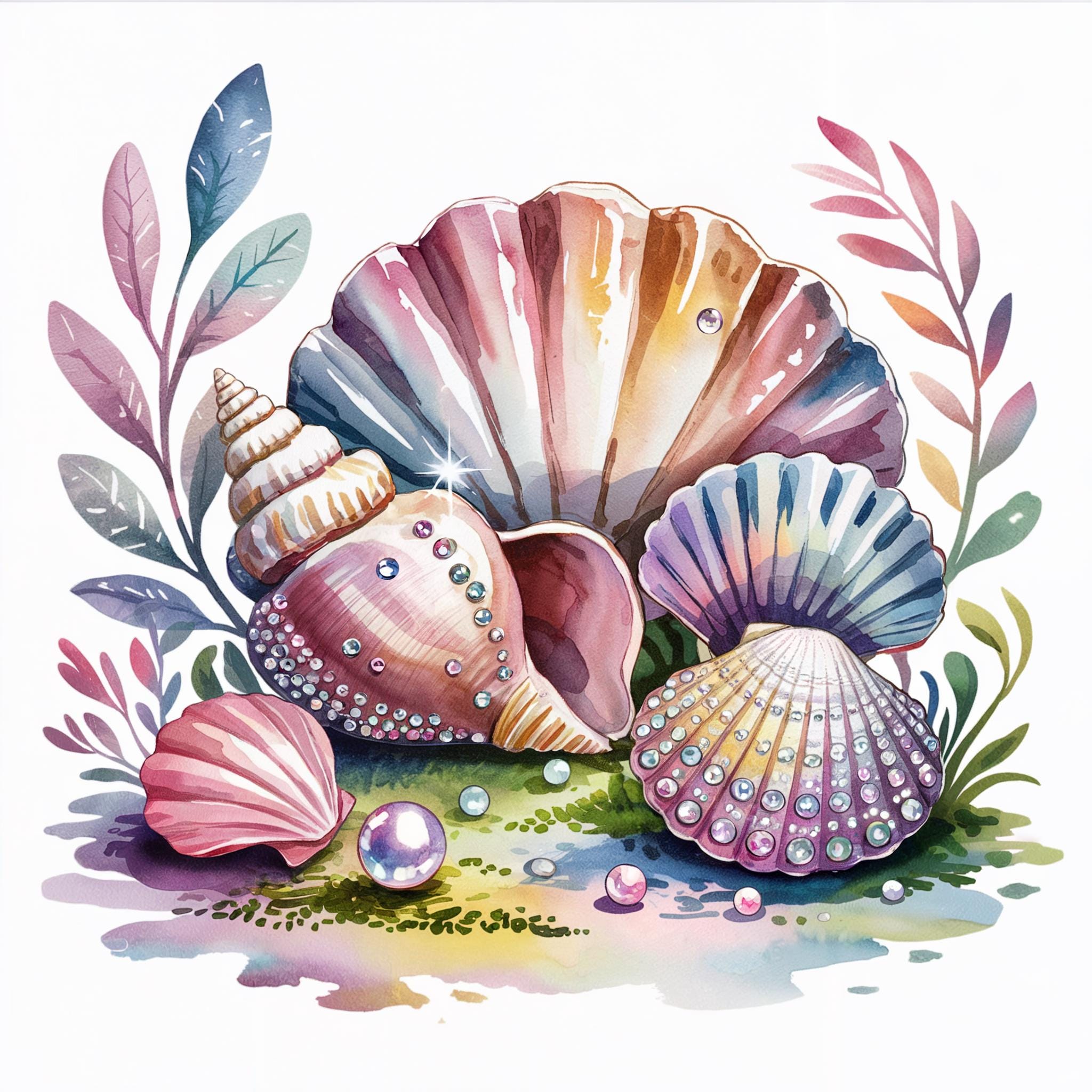 Seashell Clipart, Watercolor Seashells, Glitter Shells Clipart, Beveen ...