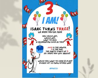 Dr Seuss Party Invitation, Seuss Birthday Party Invitations, Cat in the ...