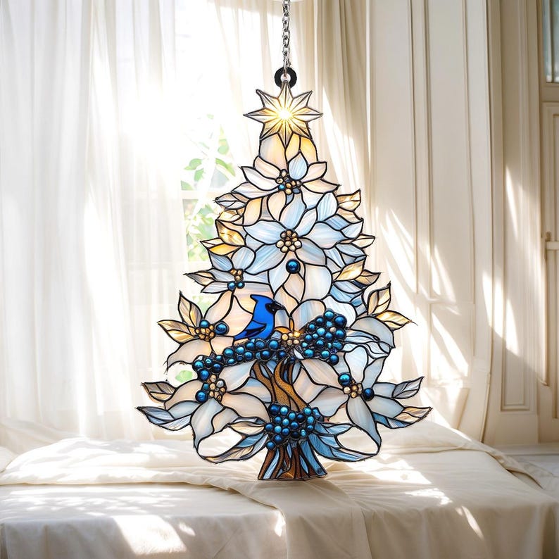 Christmas Tree Faux Stained Glass Acrylic Suncatcher With Bluebird and ...
