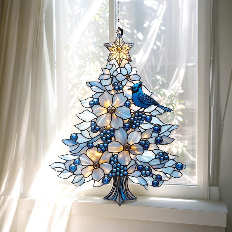 Christmas Tree Faux Stained Glass Acrylic Suncatcher With Bluebird and ...