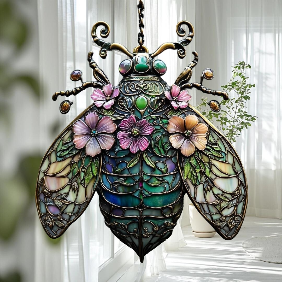 Nature Floral Beetle Acrylic Suncatcher Faux Stained Glass Window ...