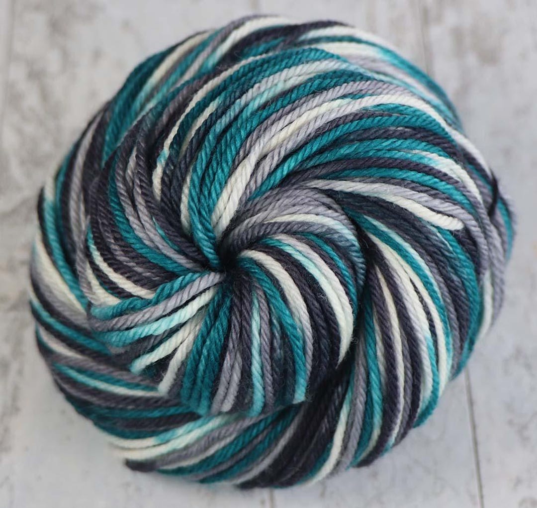 TEAL BLACK GRAY White: Superwash Merino Variegated Worsted Yarn ...
