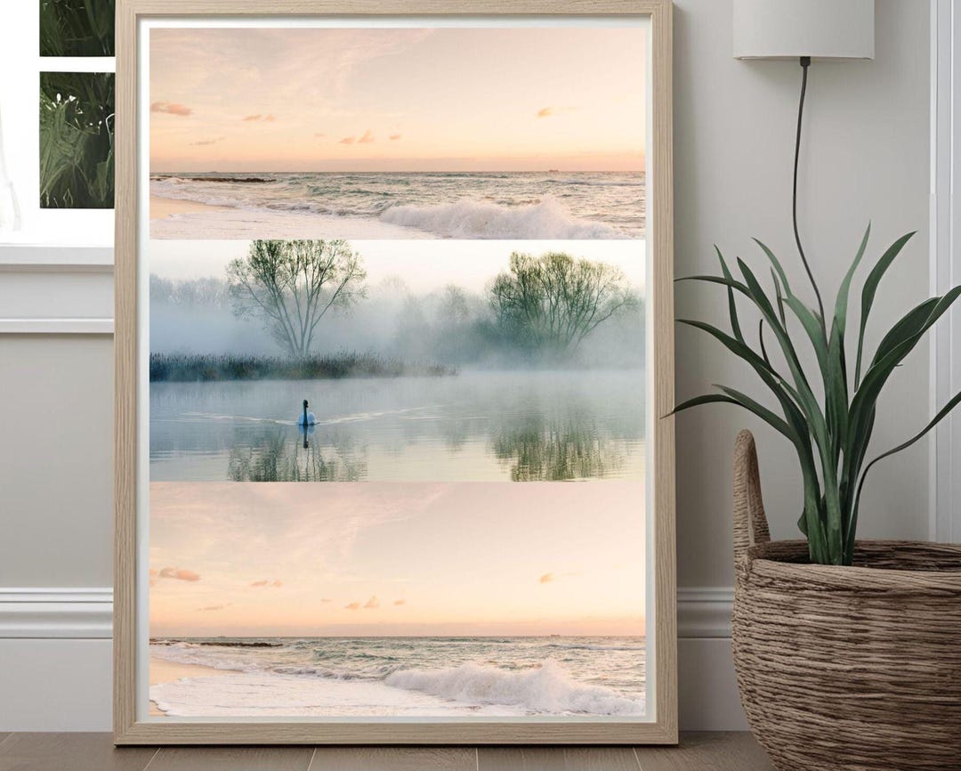 Vertical Coastal Misty Morning Poster, Neutral Blue Beach Print ...