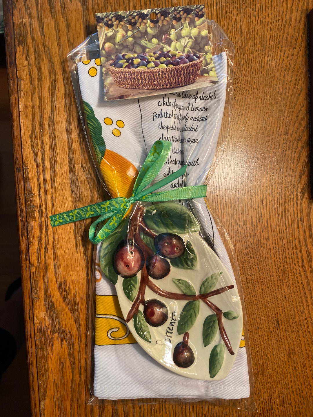 Sorrento Ceramic Olive Spoon Rest/ Italian Fabric Dish Towel/ceramic Spoon Holder/ Sorrento With ...