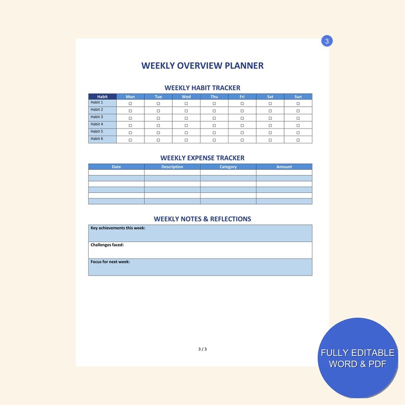 Weekly Overview Planner, Schedule Template | Printable & Editable ...