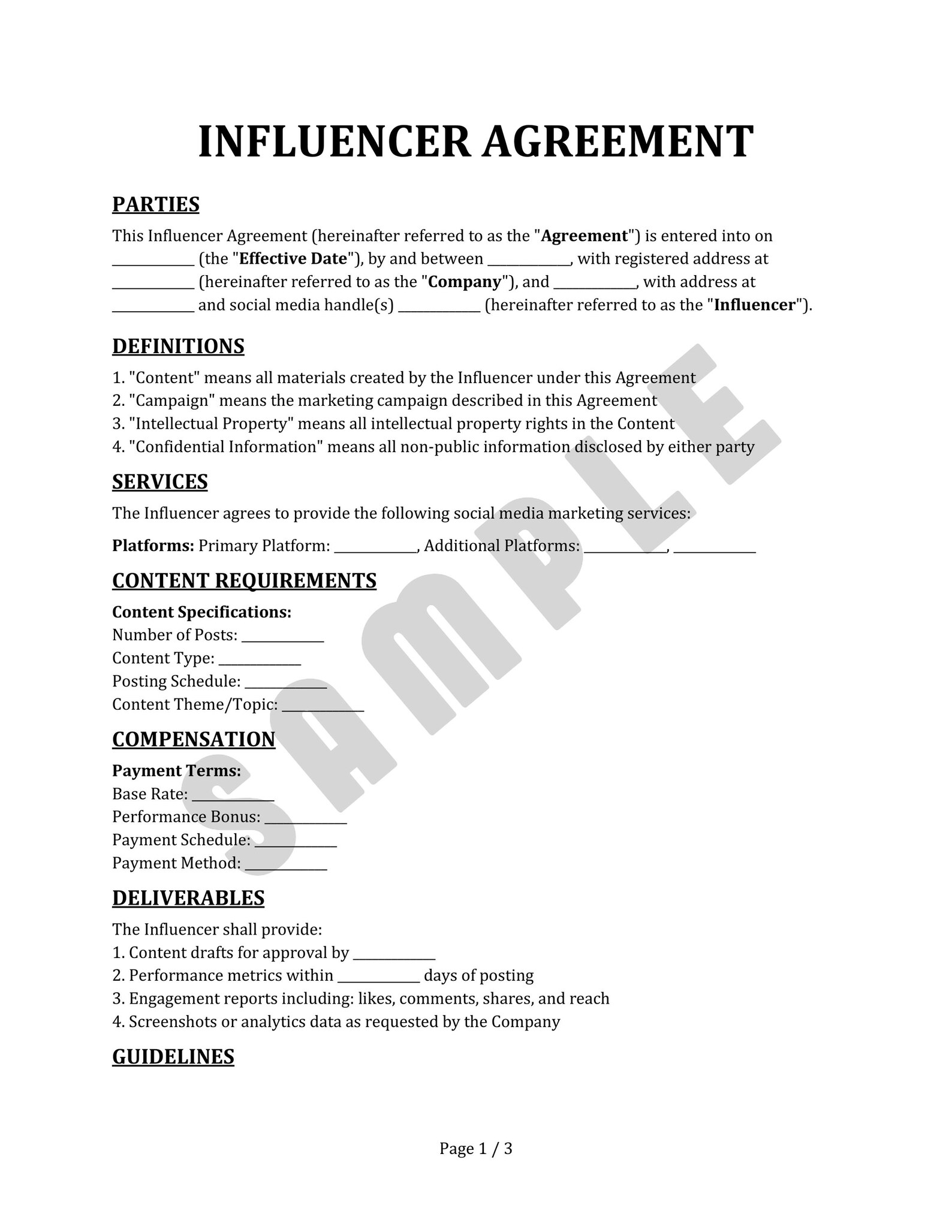 Editable Influencer Agreement Template - Easy to Use Word & PDF ...