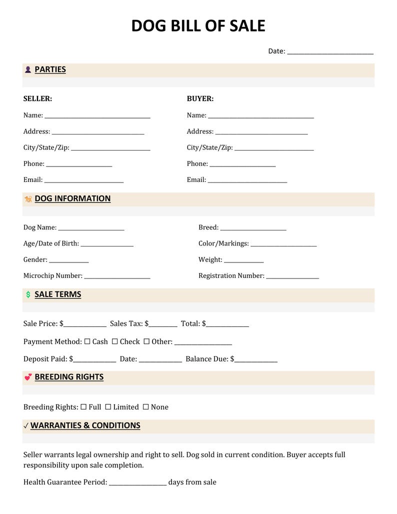 Dog Bill of Sale Template - Etsy