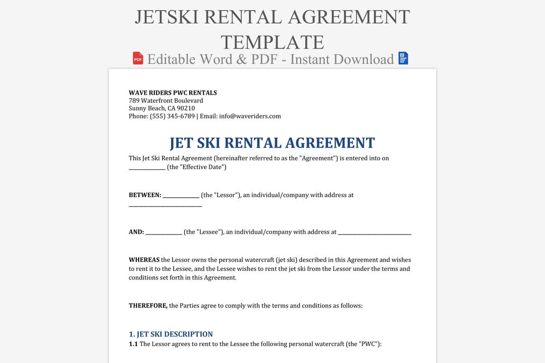 Jet Ski Rental Agreement Template. Printable Watercraft Lease. Editable ...