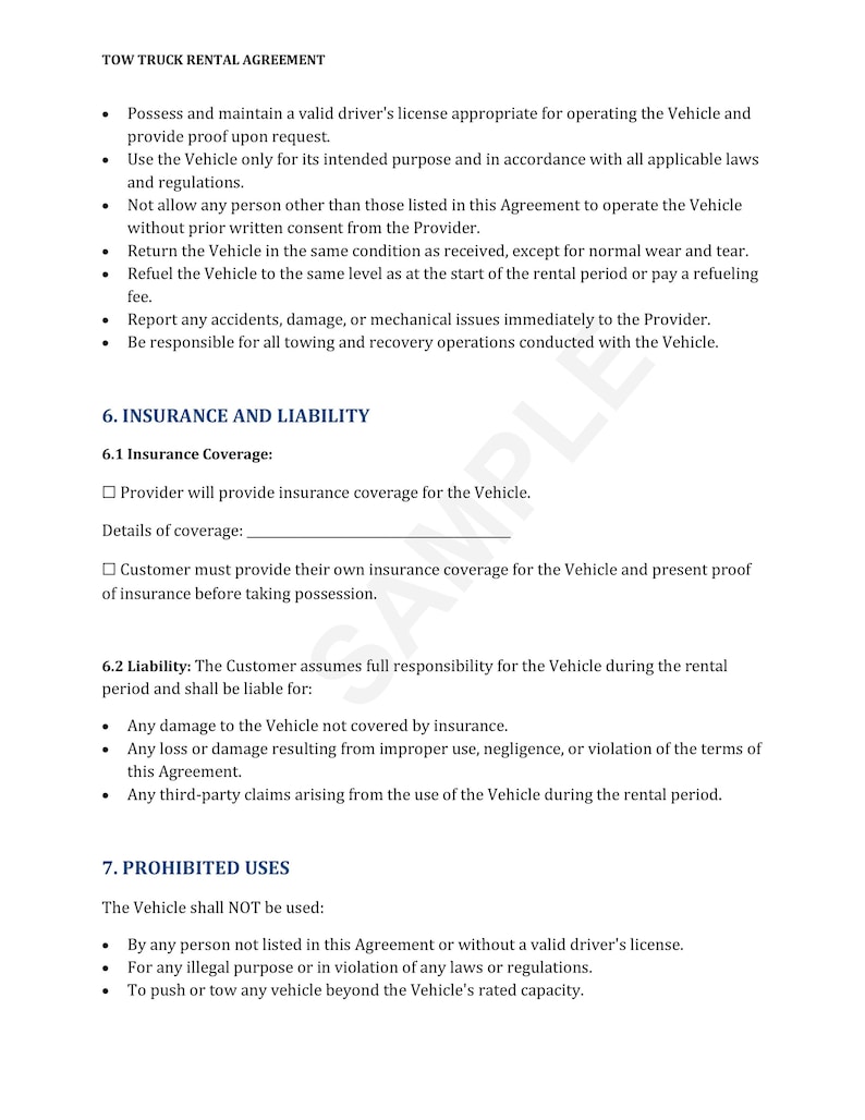 Tow Truck Rental Agreement Template - Recovery Vehicle/truck Contract ...