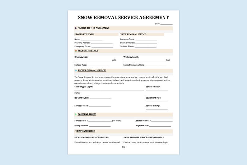 Snow Removal Contract Template. US LETTER & A4 Formats. PDF and Word ...