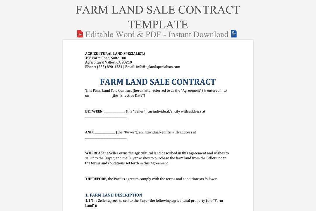 Farm Land Sale Contract Template. Printable Agricultural Agreement ...
