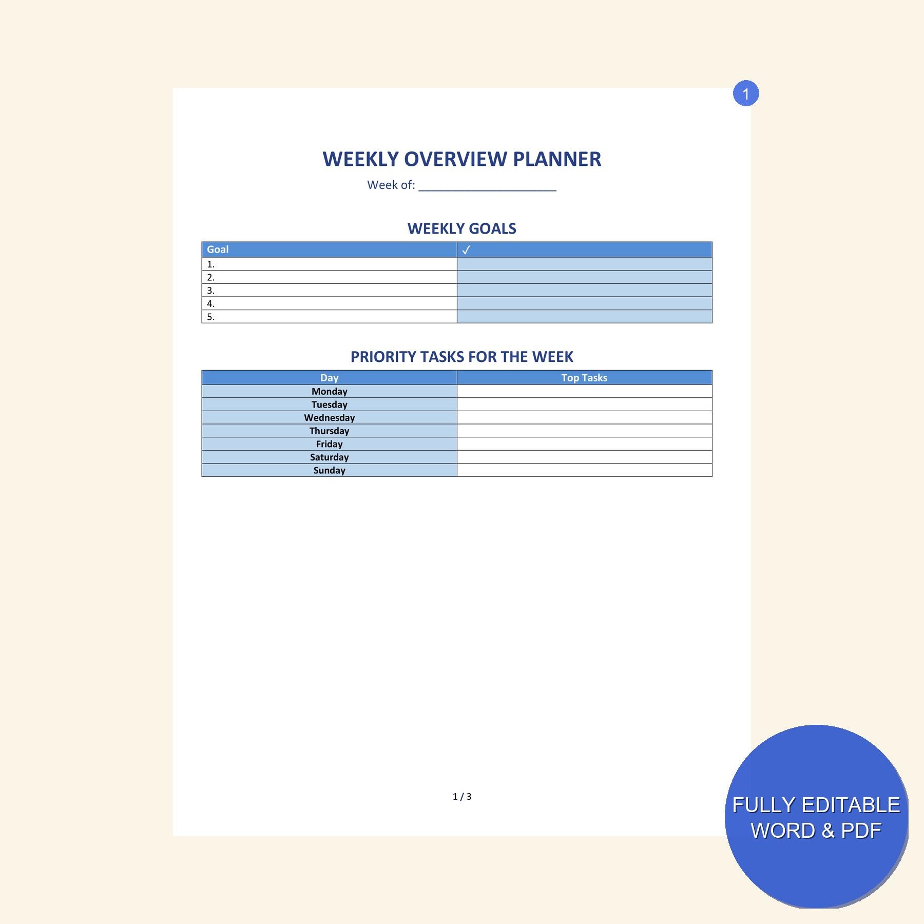 Weekly Overview Planner, Schedule Template | Printable & Editable ...