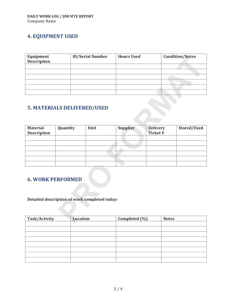 Daily Work Log / Job Site Report Template - Etsy