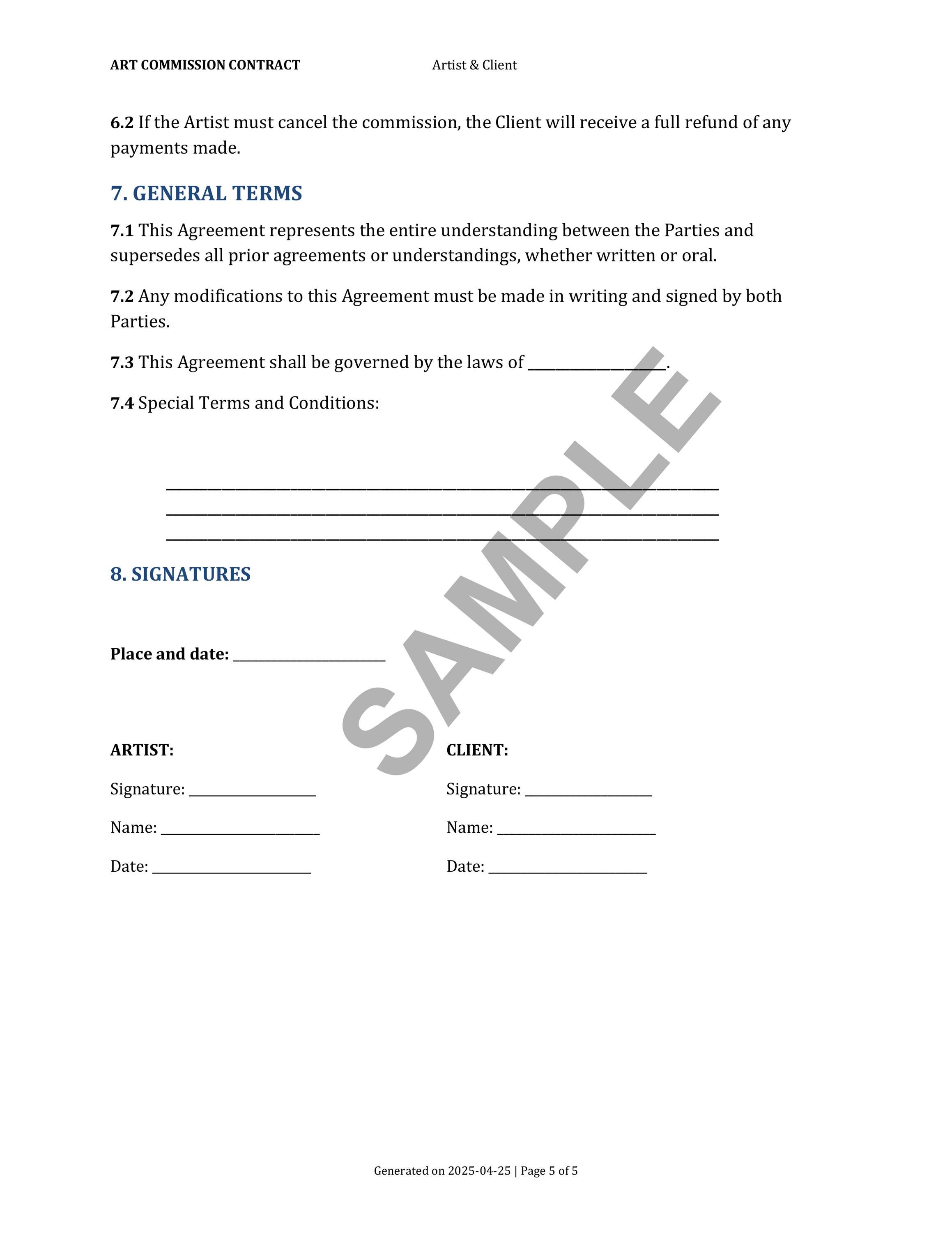 Art Commission Agreement Template | Editable Word & PDF Contract for ...