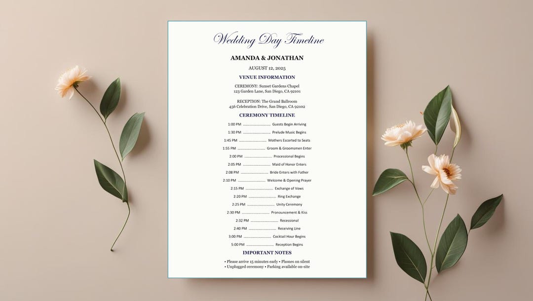 Simple Wedding Timeline Template "navy" Editable in Word | Printable ...