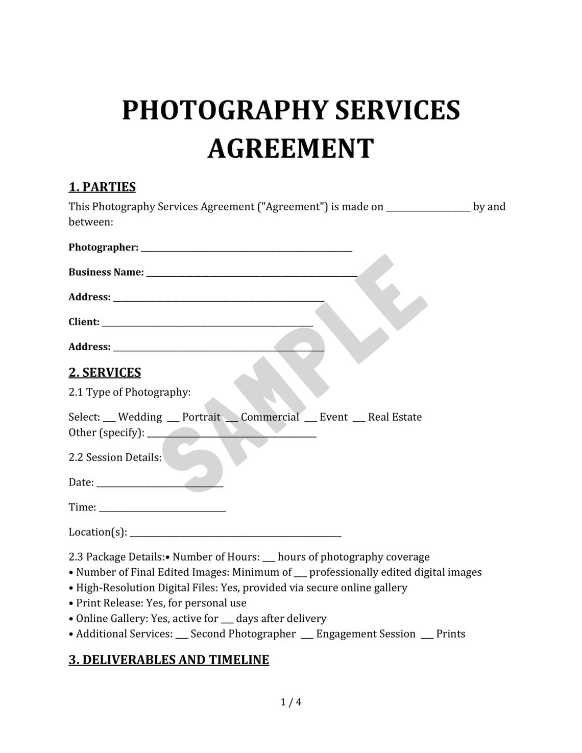 Pre Filled Photography Services Agreement - Photo Shoot Contract ...