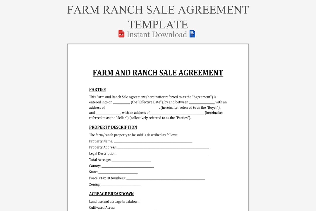 Farm Ranch Sale Agreement Contract. Printable Farmland Purchase Deal ...