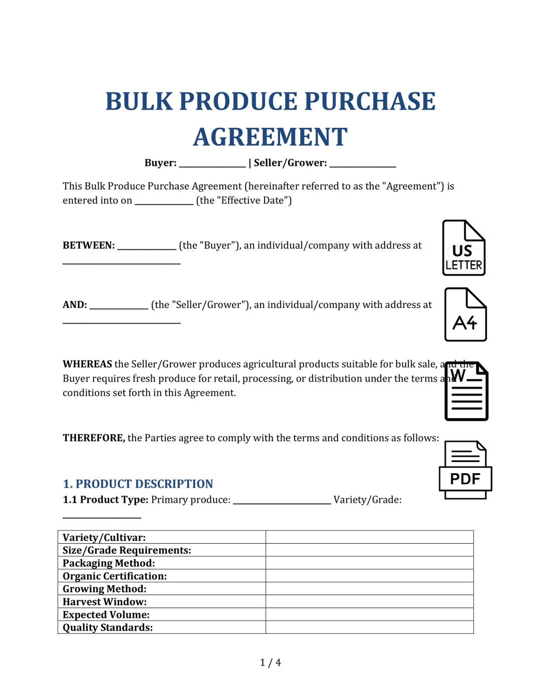Bulk Produce Purchase Contract Template Word PDF - Agricultural Sale ...
