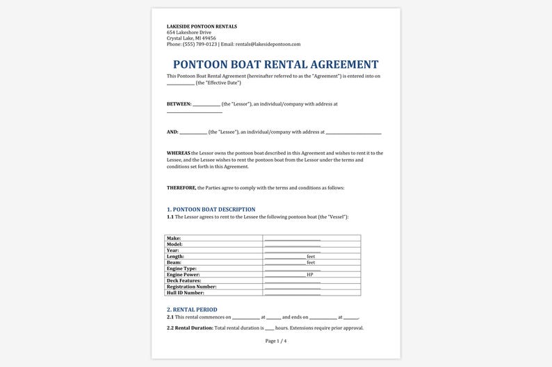 Pontoon Boat Rental Agreement Template. Printable Party Barge Lease ...