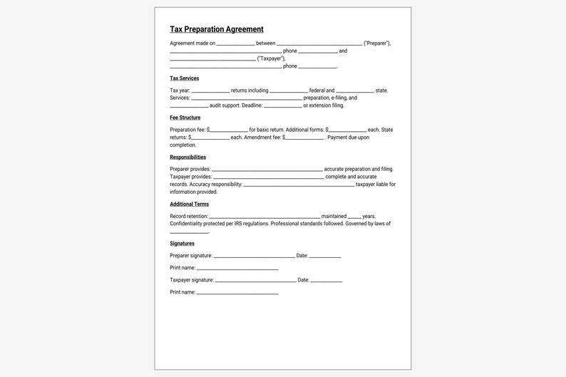Tax Preparation Agreement Template, Accountant Service Contract, Tax ...