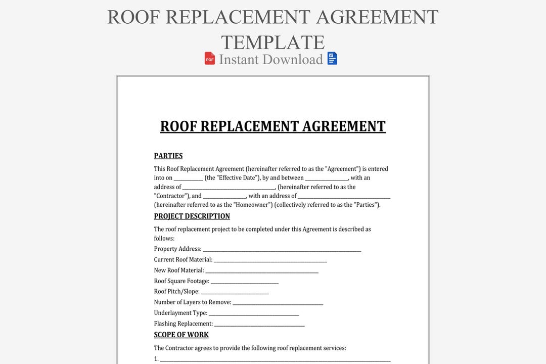 Roof Replacement Agreement Template. Editable Word Contract for Roofing ...