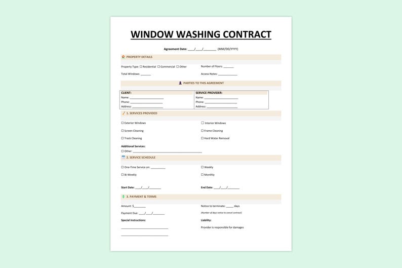 Printable Window Washing Contract | Editable Cleaning Service Agreement ...