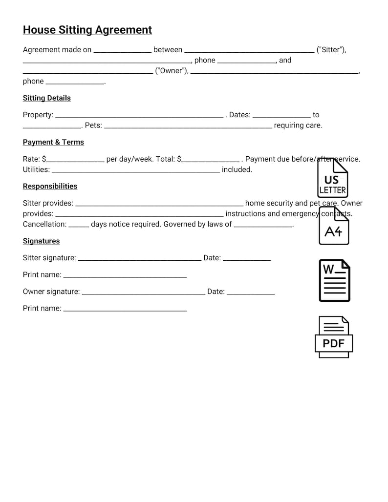 Simple House Sitting Agreement Template, Home Sitting Contract ...