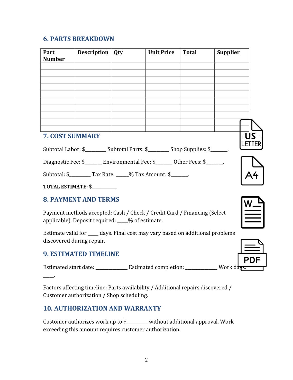 Repair Estimate Template Word PDF - Repair Quote, Estimate Terms ...