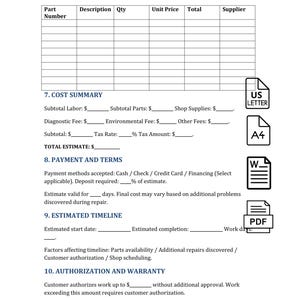 Repair Estimate Template Word PDF - Repair Quote, Estimate Terms ...