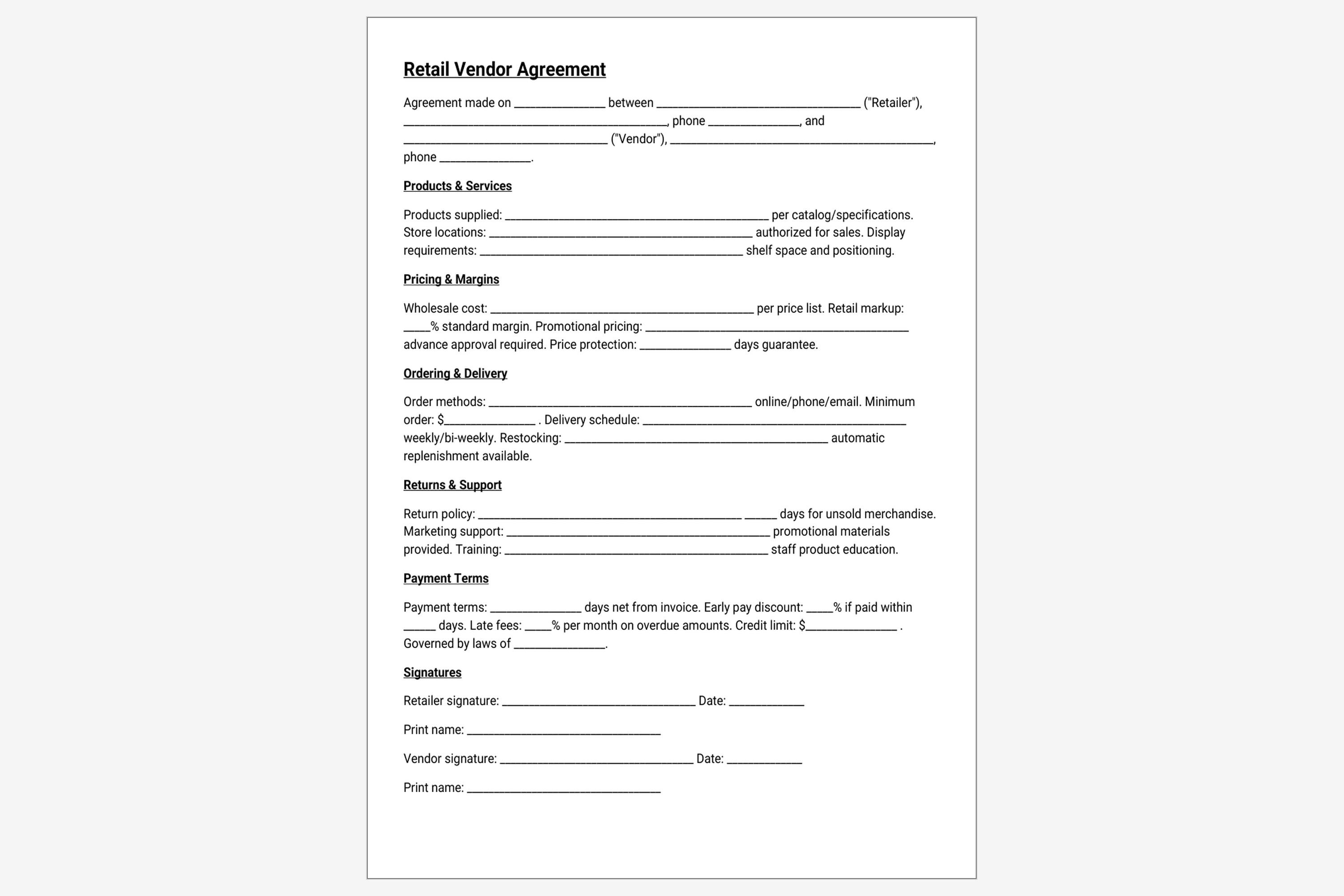 Simple Retail Vendor Agreement Template, Store Supplier Contract ...