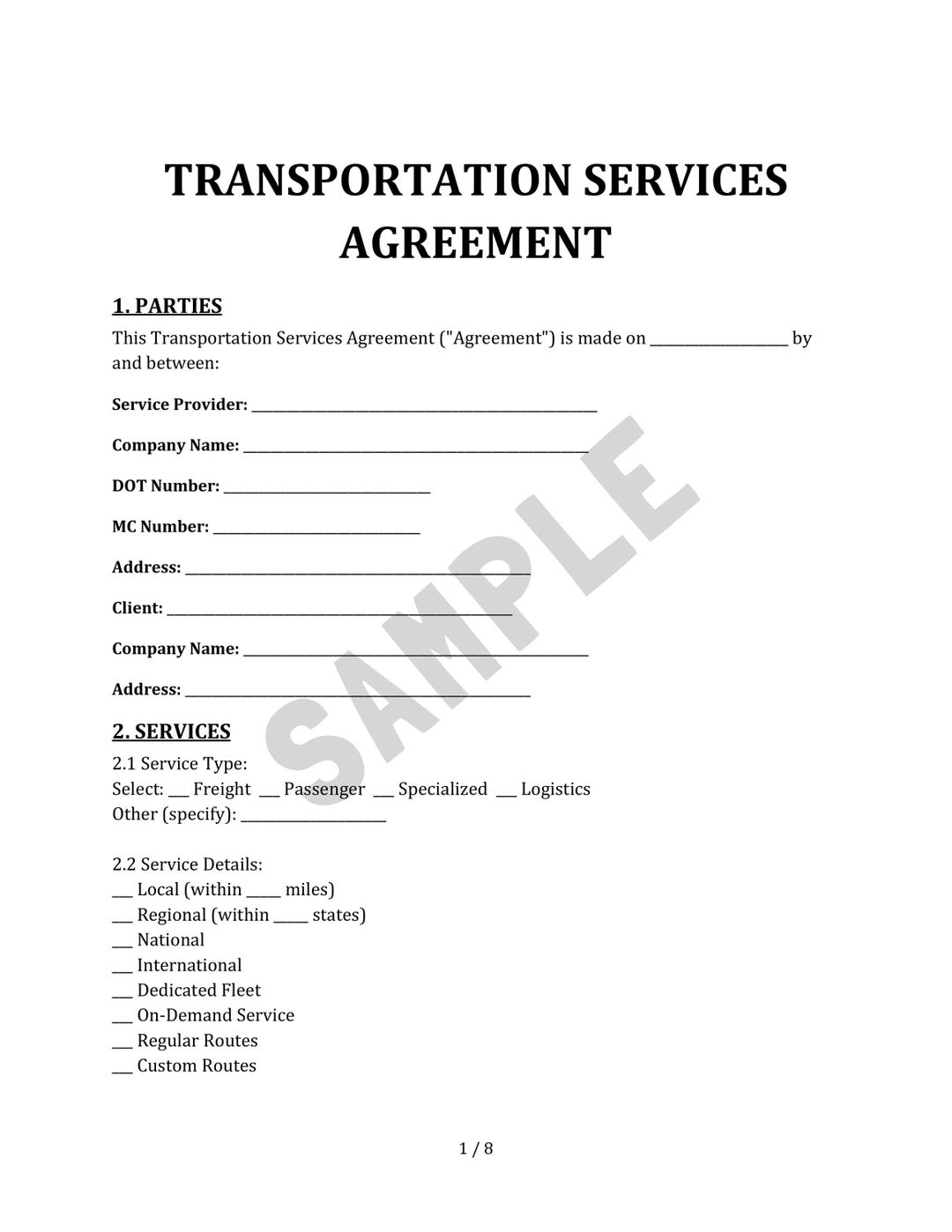 Pre Filled Transportation Services Agreement - Delivery Contract ...