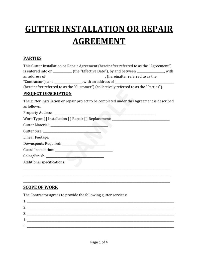 Gutter Installation or Repair Agreement Template. Printable Rain System ...