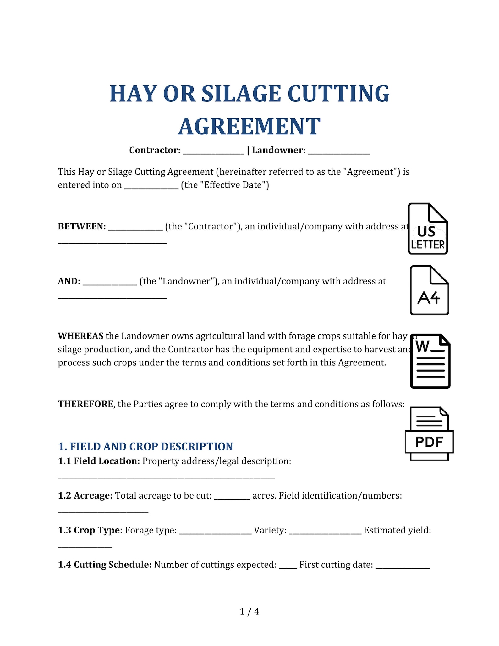 Hay or Silage Cutting Agreement Template Word PDF - Forage Harvest ...