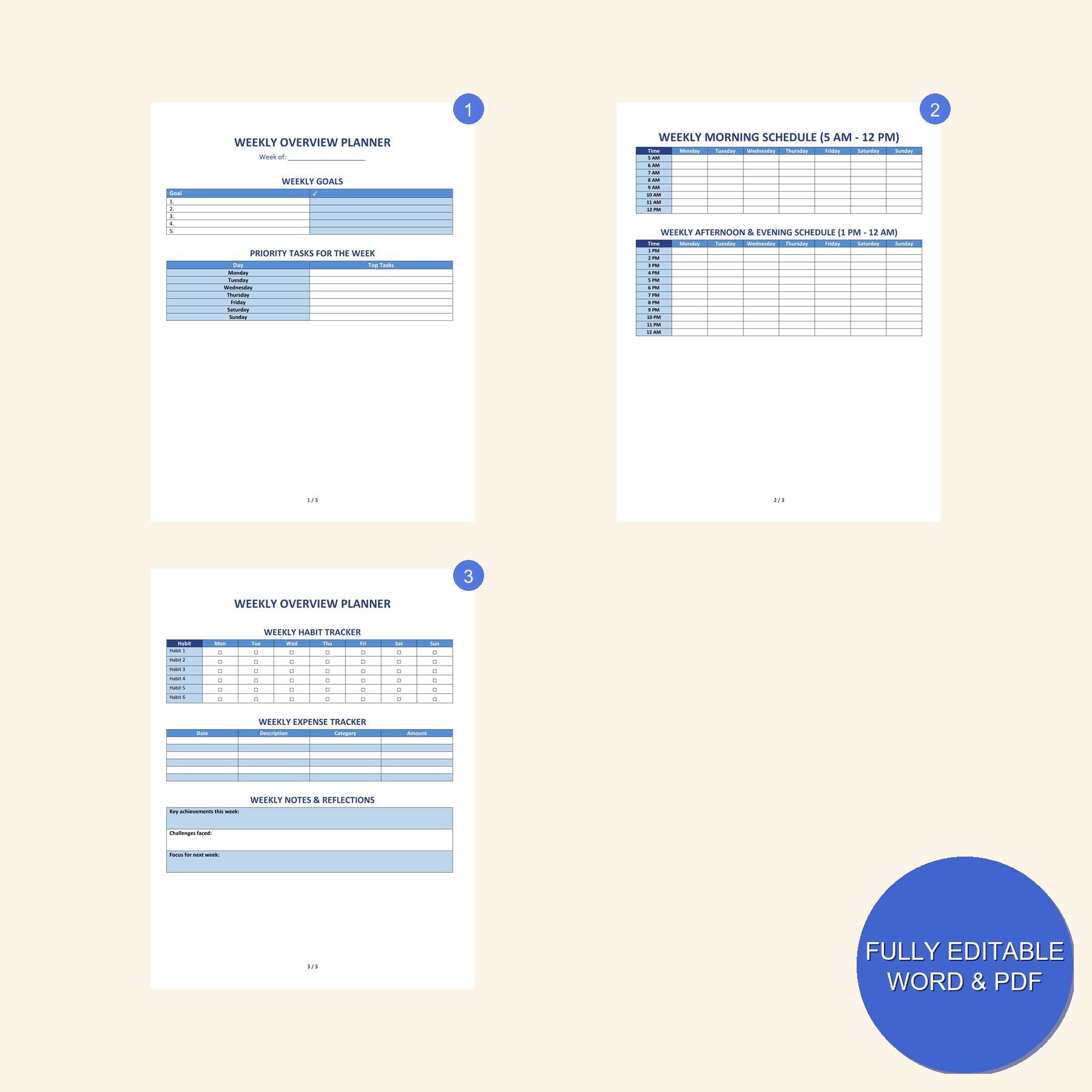 Weekly Overview Planner, Schedule Template | Printable & Editable ...