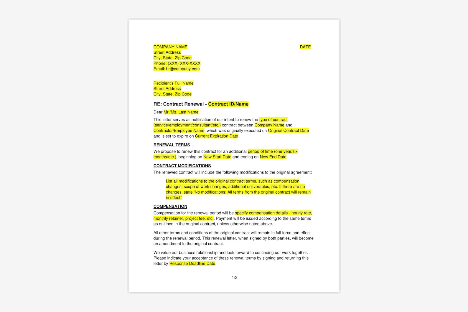 Contract Renewal Letter - Agreement Extension Template | Business Forms ...