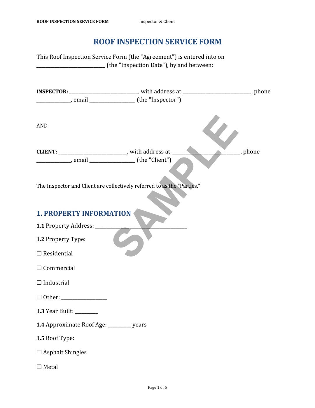 Roof Inspection Form Template | Editable Word & PDF Service Contract ...