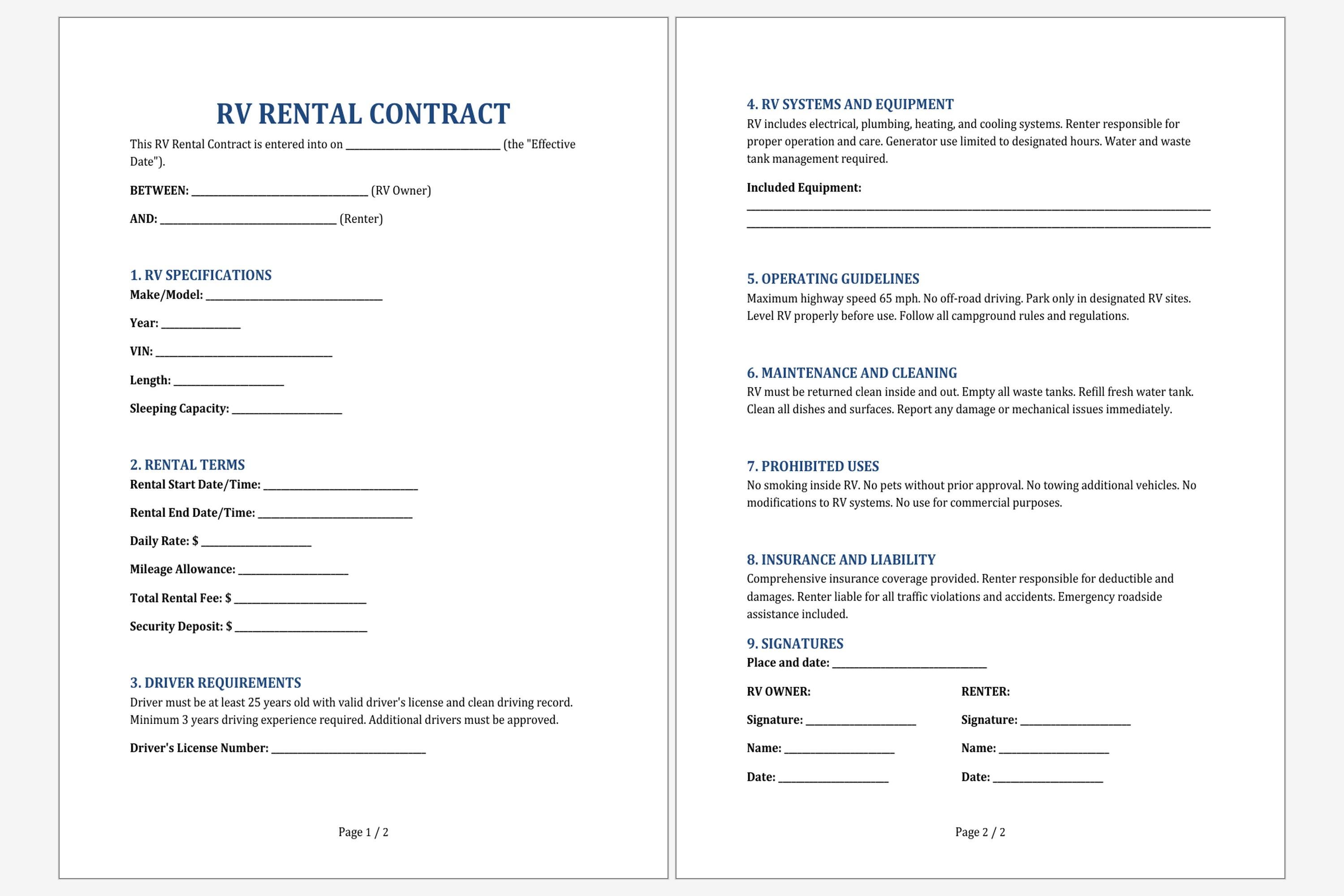 Simple RV Rental Contract Template. Printable Camper Rental Agreement ...