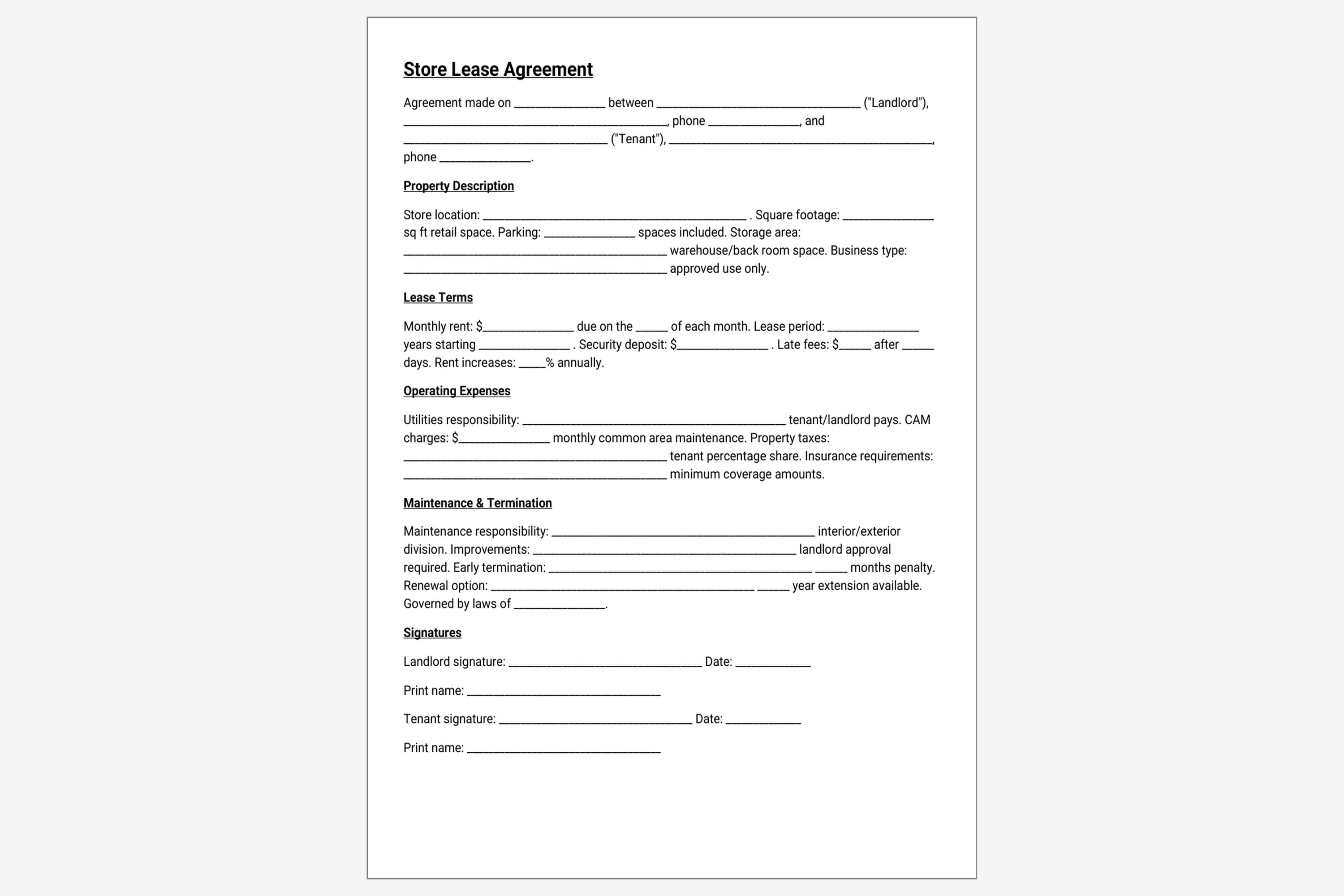 One Page Store Lease Agreement Template, Shop Rental Contract, Retail ...