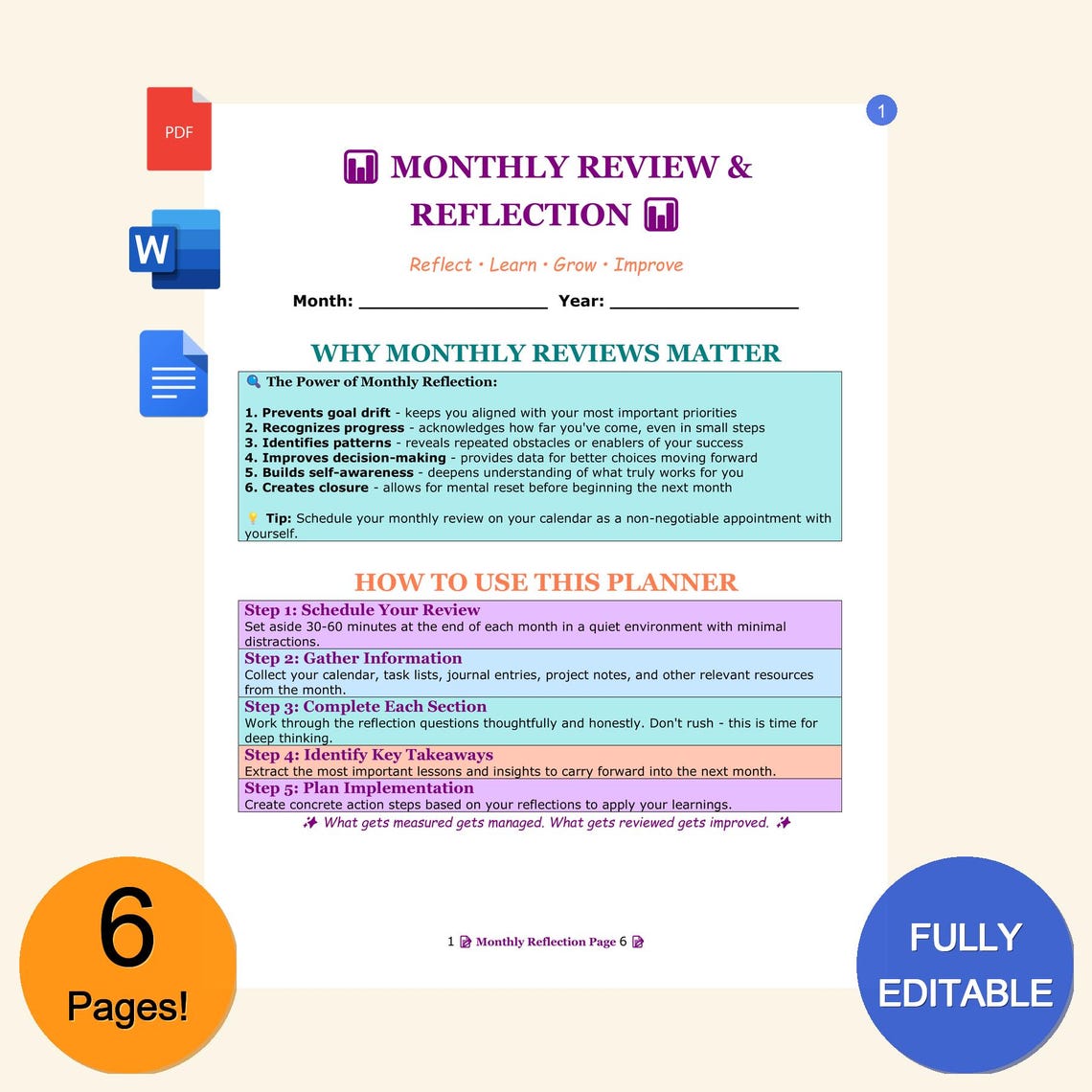 Monthly Review Planner Template | Editable in MS Word & PDF | Planner ...