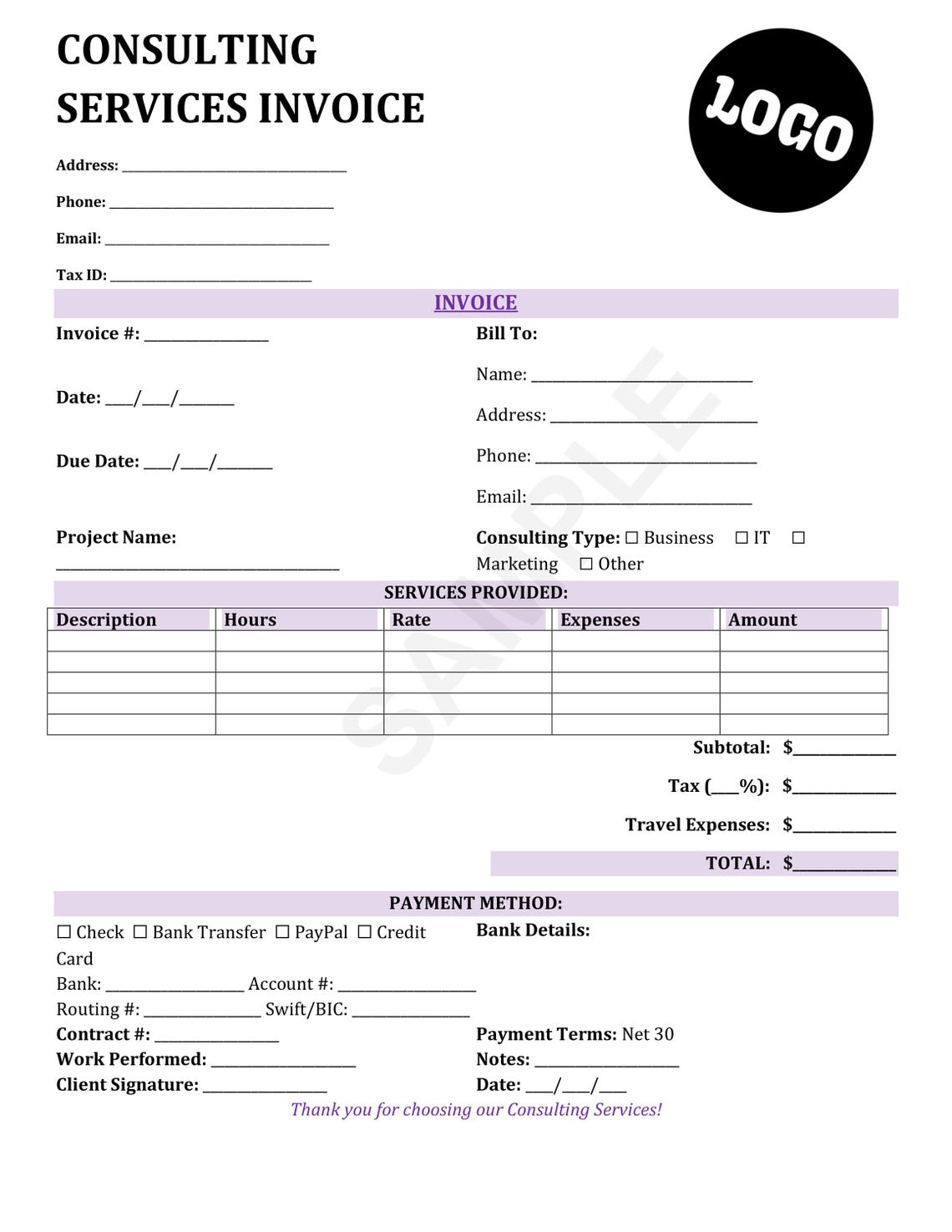 Consulting Invoice Template| Editable in Word and Printable PDF - Etsy